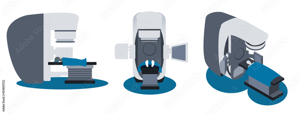 A LINAC (medical linear accelerator) with a patient, receiving a ...