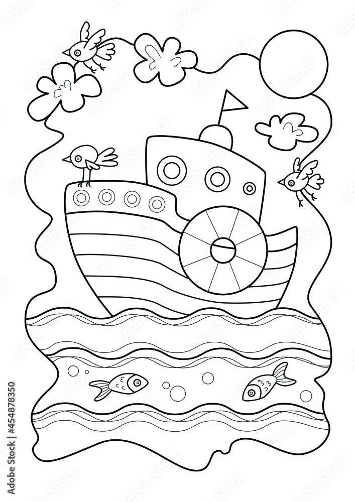 Cartoon page for coloring book with boat, hand-drawn vector ...