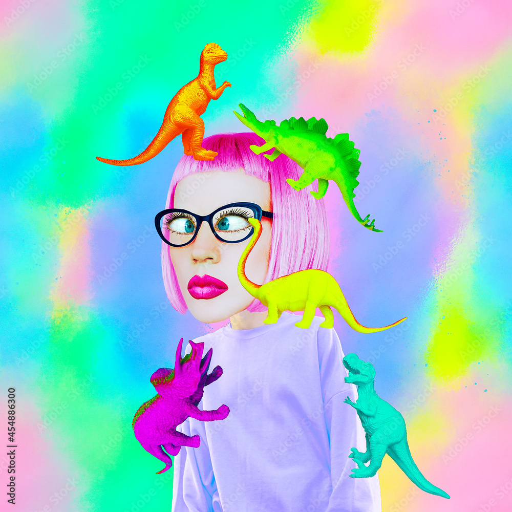 Funny collage scene. Comic Girl character .and dinosaurs. Fears ...