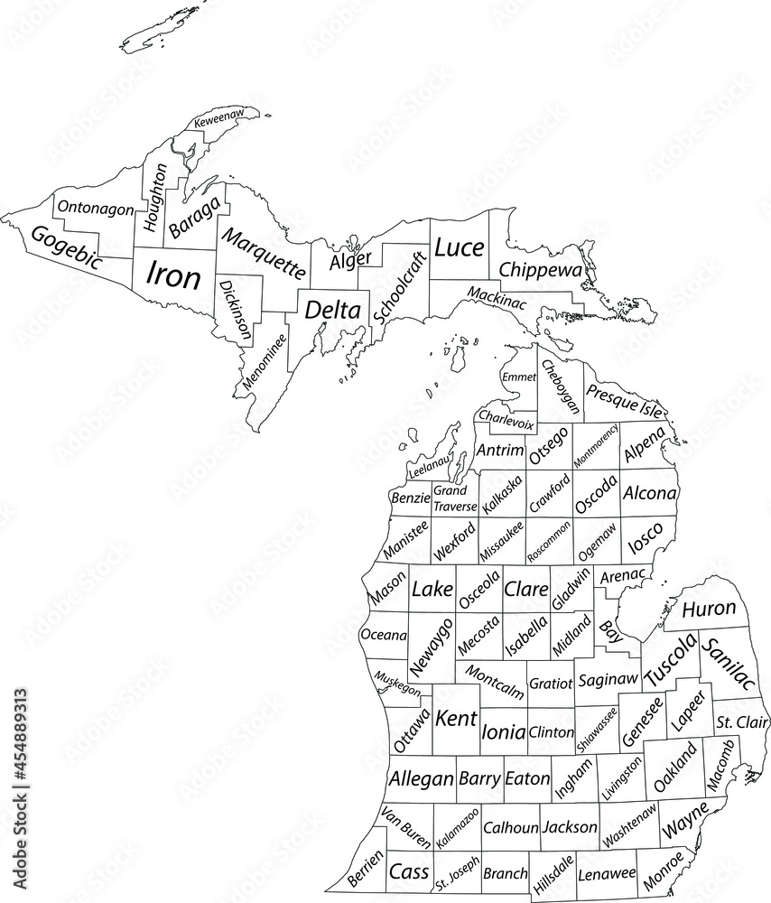 White vector map of the Federal State of Michigan, USA with black ...