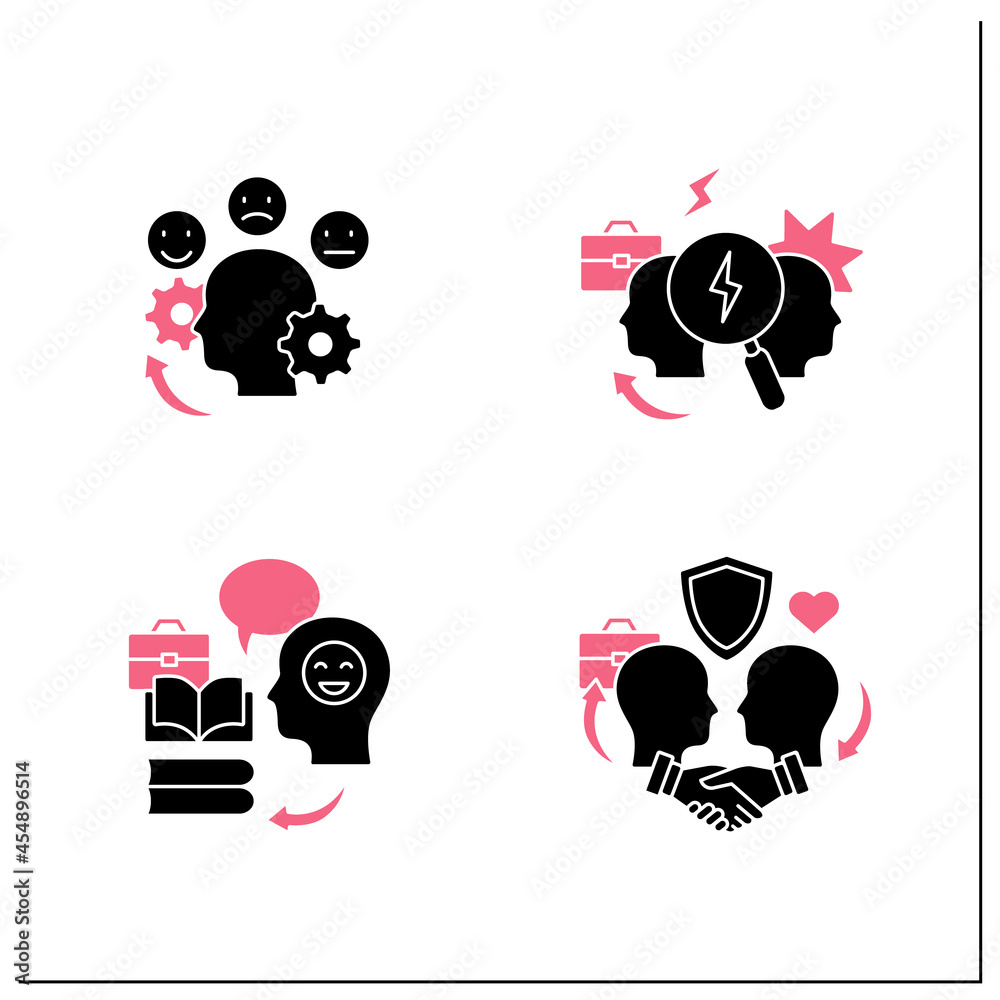 Conflict management glyph icons set.Teaching positive behaviors ...