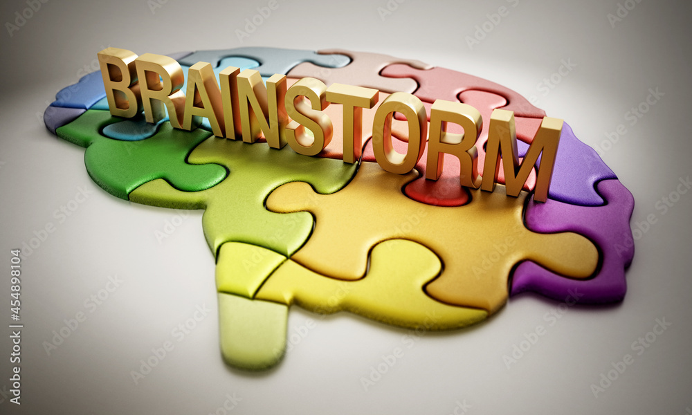 Brainstorm word standing on colorful puzzle pieces forming a human ...
