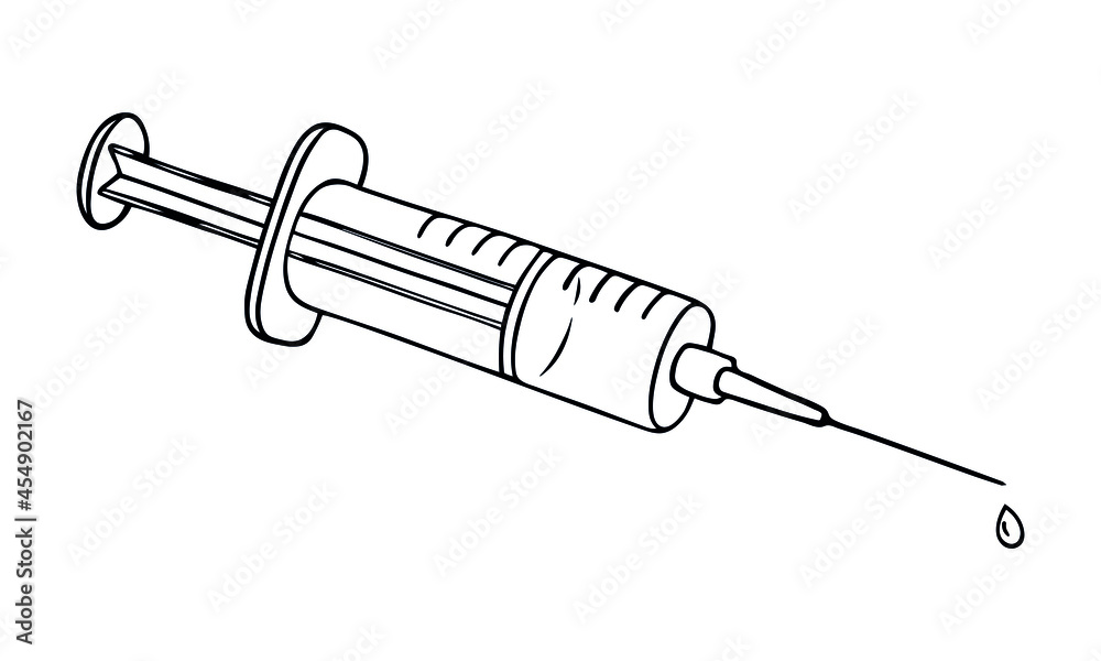 Syringe vector hand drawn outline doodle icon. Covid-19 Coronavirus vaccine. Medical injection ...