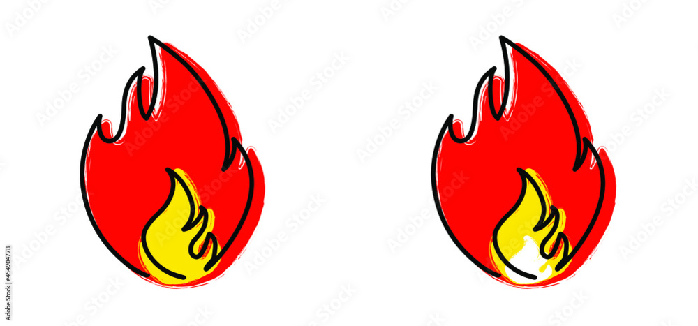 Cartoon, fire or flame pictogram. Fire drawn in one stroke or line ...