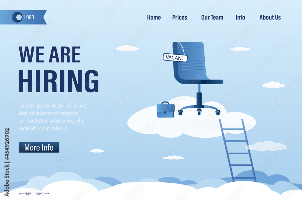 We are hiring, landing page template. office chair stands on a cloud in ...