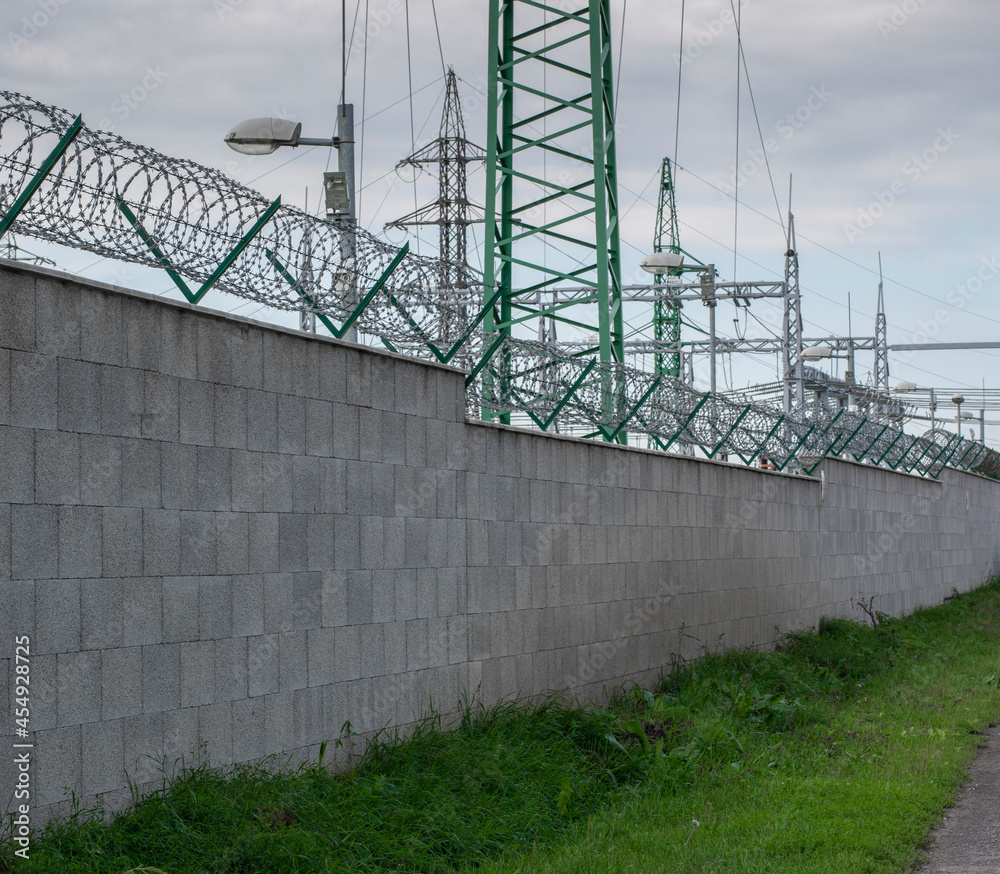 Barbed wire fence , restricted area. Protection for Electrical power ...