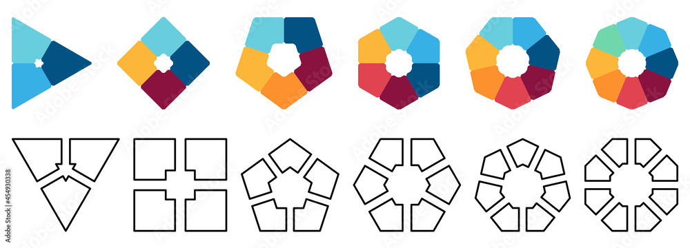 Polygons divided into equal parts, empty space in middle. Version with ...