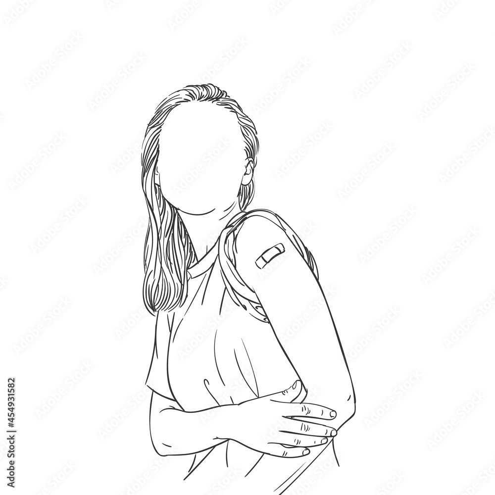 Vaccinated People Illustration Portrait Of Female No Face With Patch On Arm After Getting