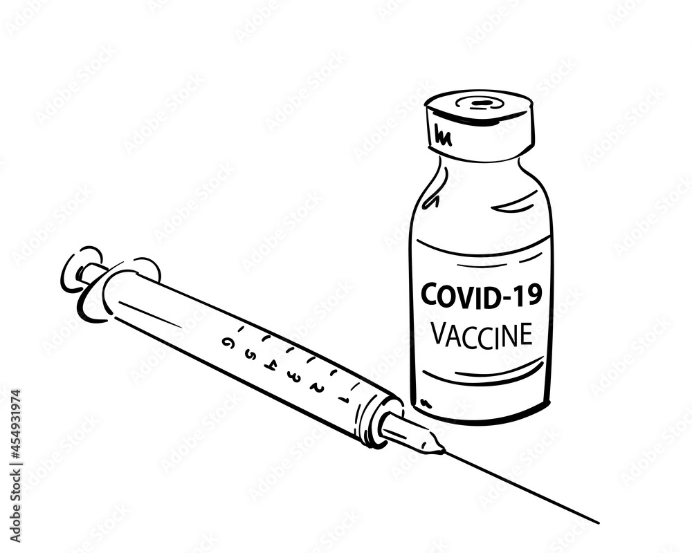 COVID-19 Vaccine bottle and syringe vector drawing. Closeup hand drawn ...