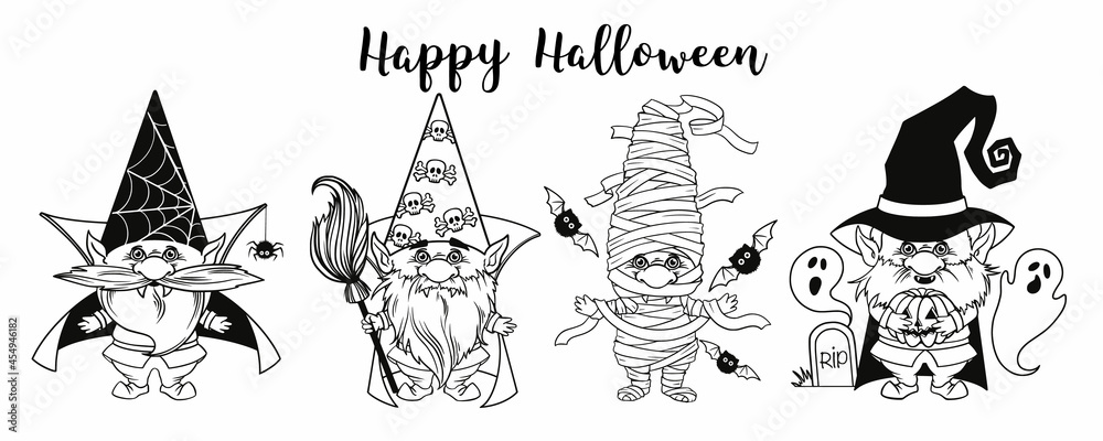 Gnome for halloween linear art, pumpkin Potions Spider web and spider ...