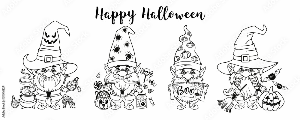 Gnome for halloween linear art, pumpkin Potions Spider web and spider ...