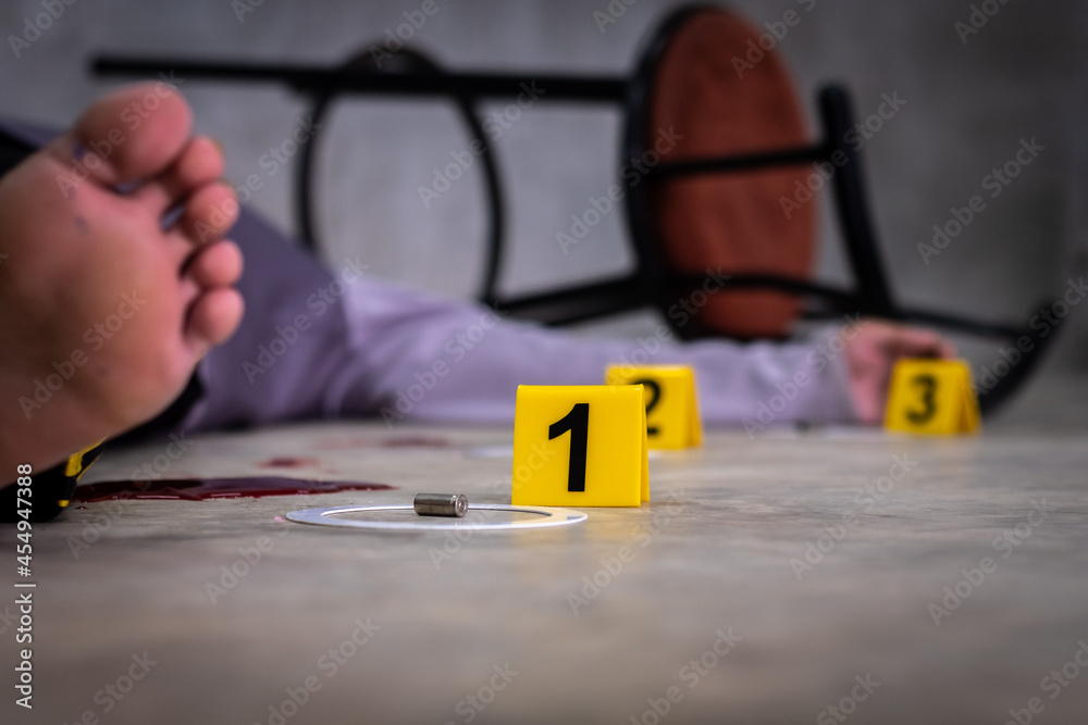 forensic inspector highlighting the shells of a gun at the crime scene ...