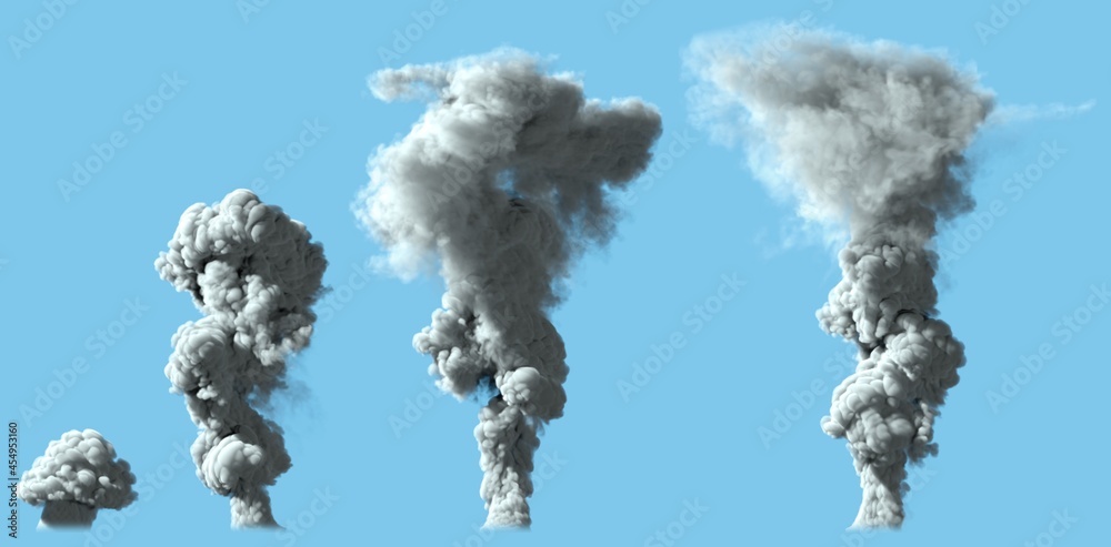 4 different renders of dense bright smoke column as from volcano or ...