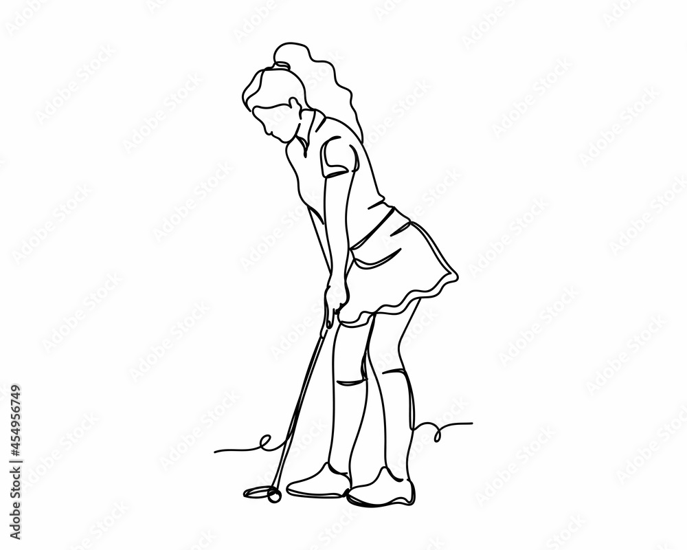 Continuous one line drawing of golf woman player icon in silhouette on ...