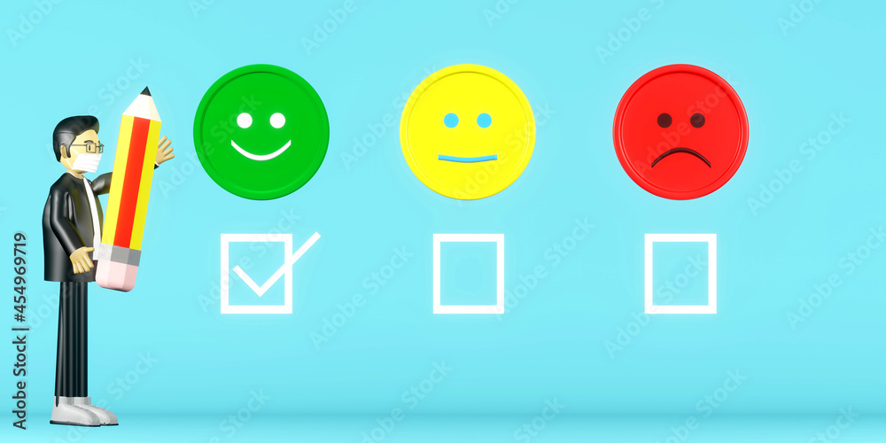 Client giving smile face feedback on light blue background. Customer ...