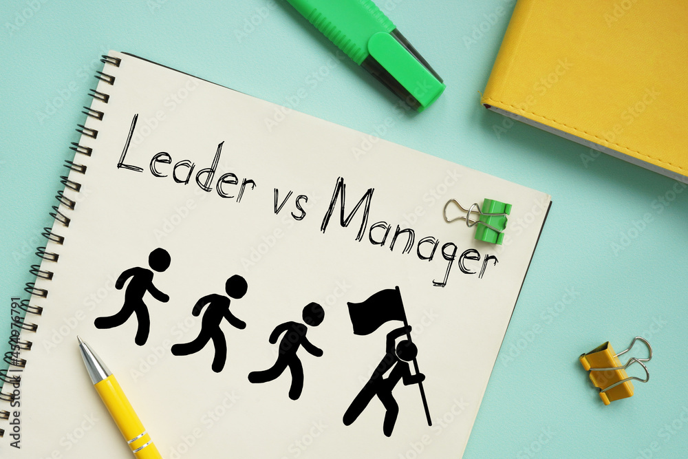 Leader vs manager are shown on the business photo using the text Stock ...