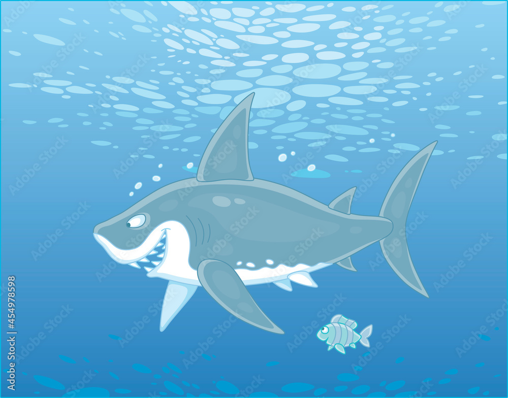Funny great white shark slyly smiling and swimming with a small striped ...