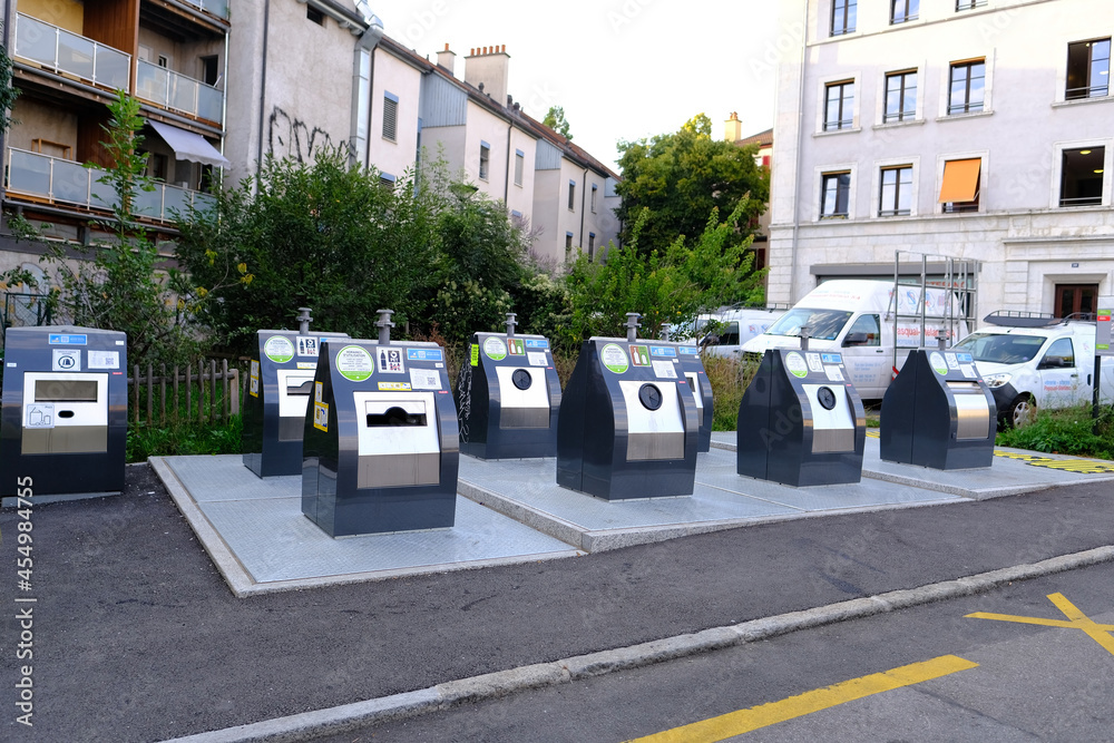 GENEVA, Switzerland - August 2021: metal waste containers for separate ...