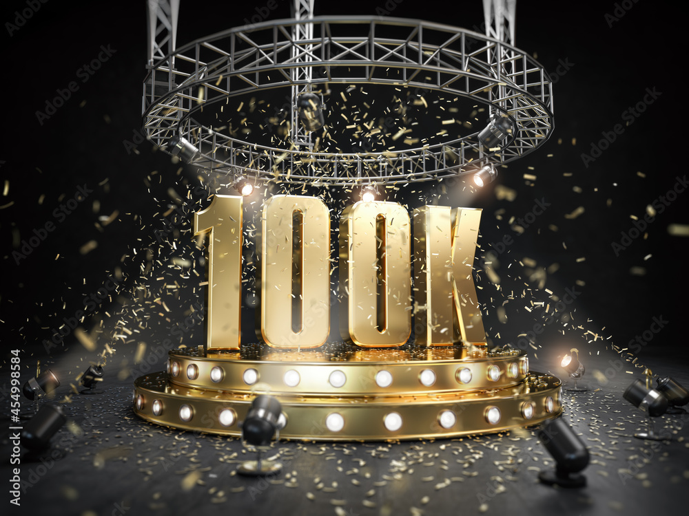 100k followers celebration. Number 100k on the stage with spotlight and ...