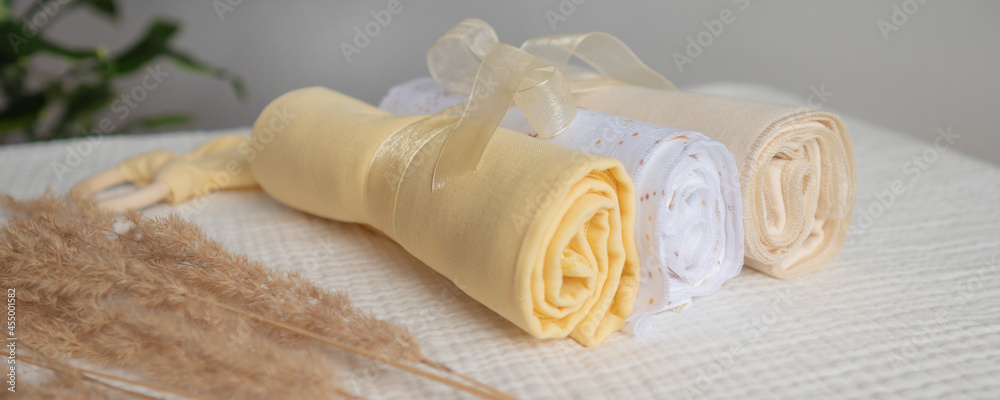 Banner baby set of yellow cloth diaper with wooden toy and pampas grass ...