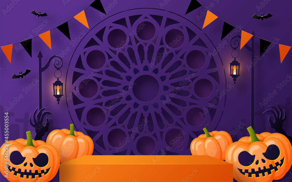 Halloween background design with 3d Podium round, square box stage ...