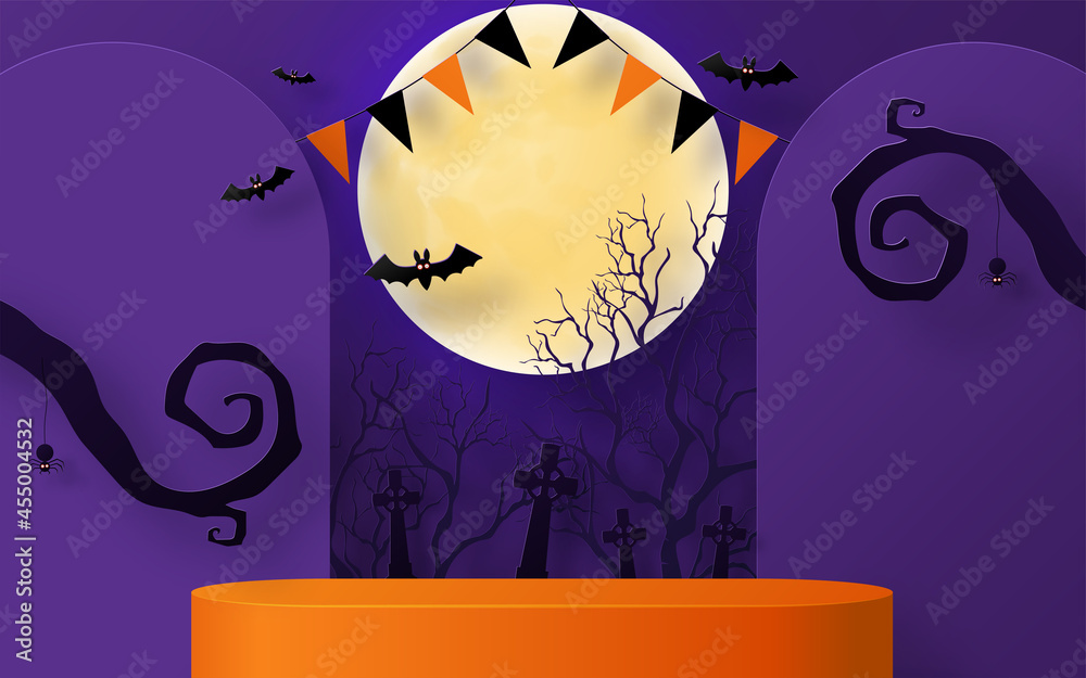 Halloween background design with 3d Podium round, square box stage ...