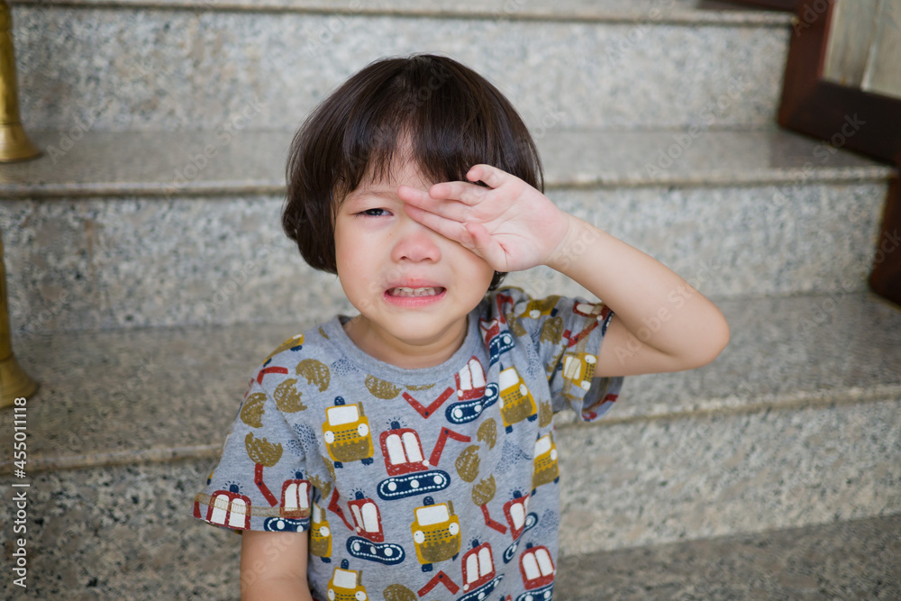 child was bullied, kid sad and unhappy, asian child was crying, upset ...