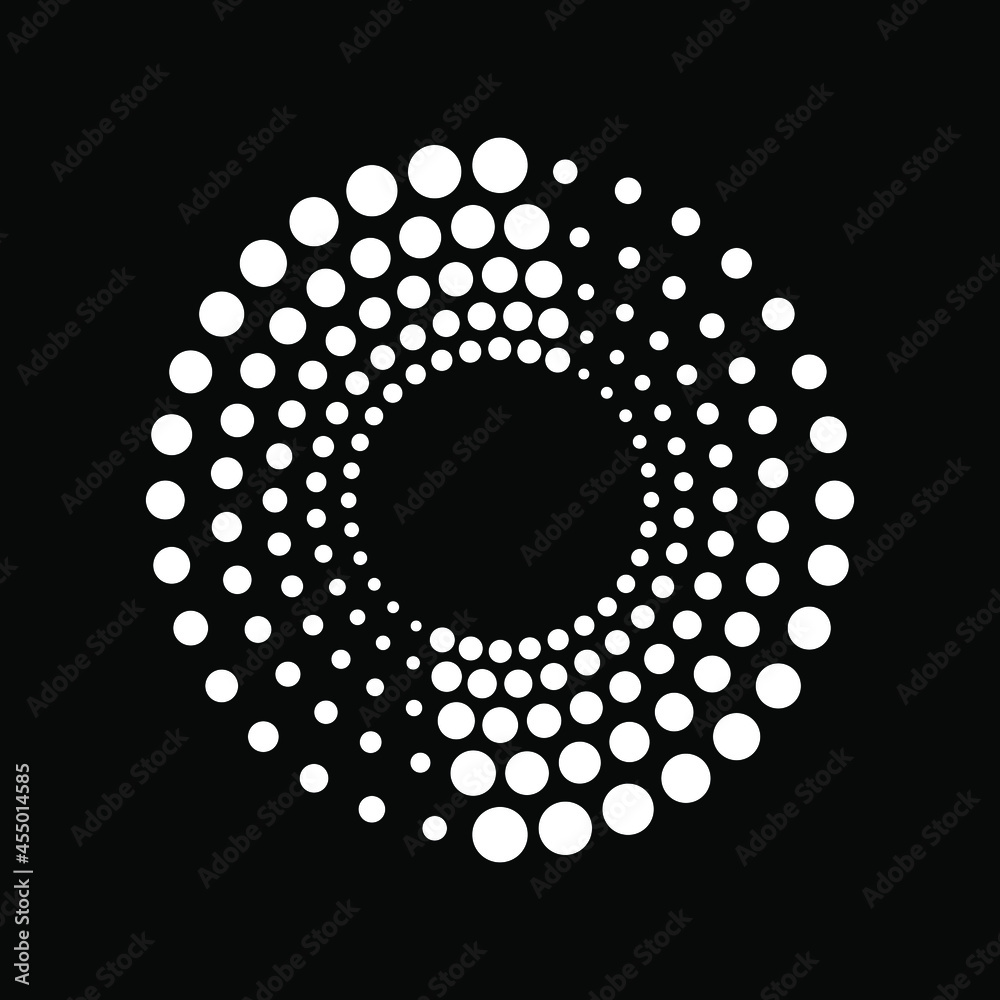 White concentric dots in round form. Halftone design element for border ...