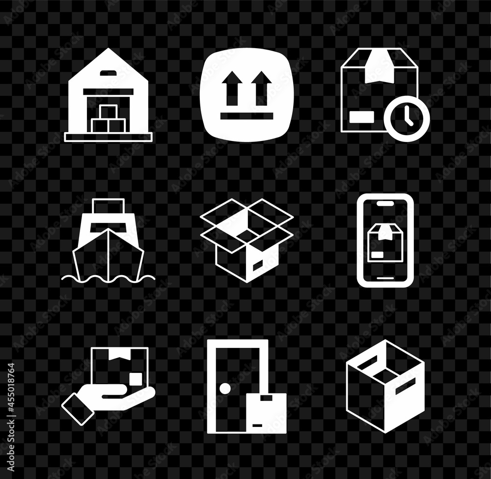 Set Warehouse, This side up, Cardboard box with clock, Delivery hand ...