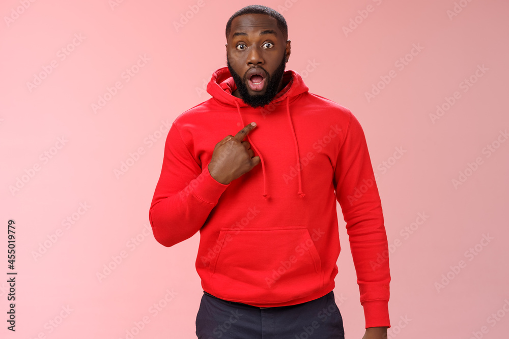 Shocked guy cannot believe he chosen drop jaw widen eyes staring camera ...