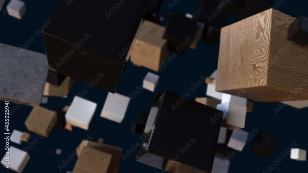 Square wooden 3d render boxes in digital space. Geometric solid plastic ...