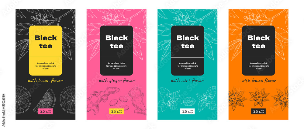 Tea label design. Black and green teabags with various tastes. Mint or ...