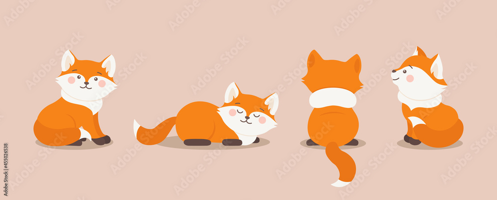 Cartoon Foxes set in different poses. Vector Forest fox animal sits ...