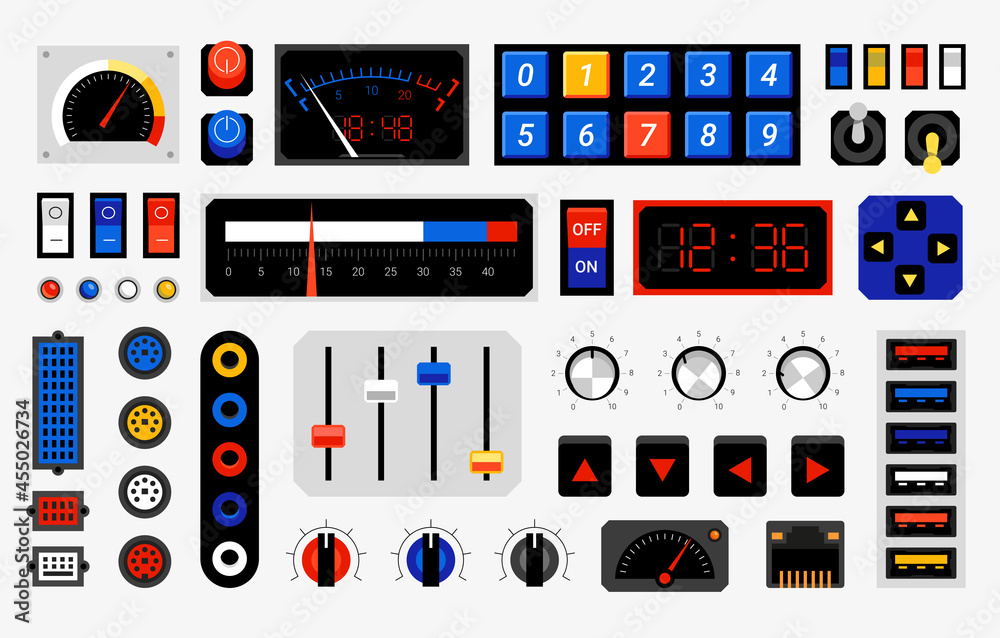 Retro control panel. Computer dashboard elements. Dials or connection ...