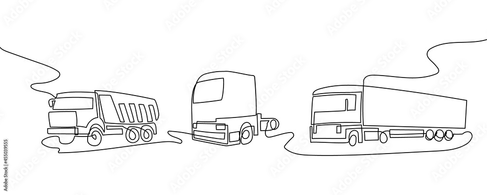 Commercial transport continuous line drawing set. One line art of truck ...