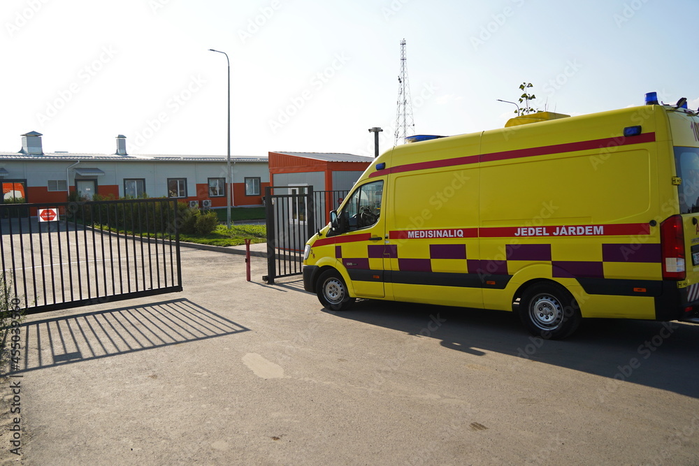 Almaty, Kazakhstan - 09.03.2021 : An ambulance pulls into the territory ...