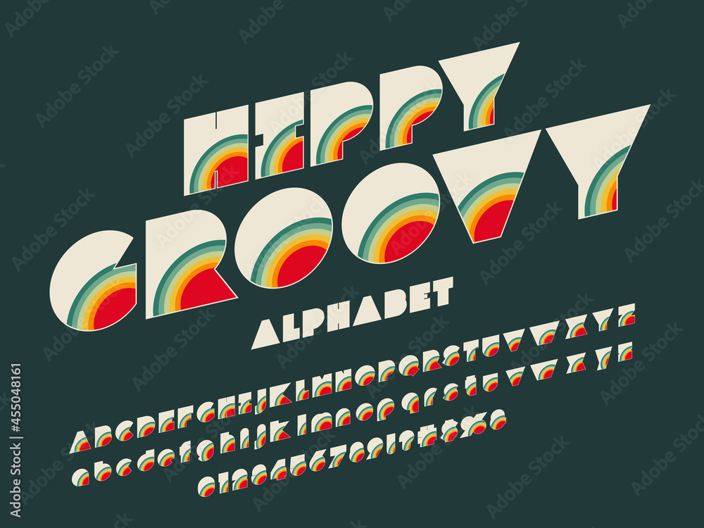 A groovy hippie style alphabet design with uppercase, lowercase ...