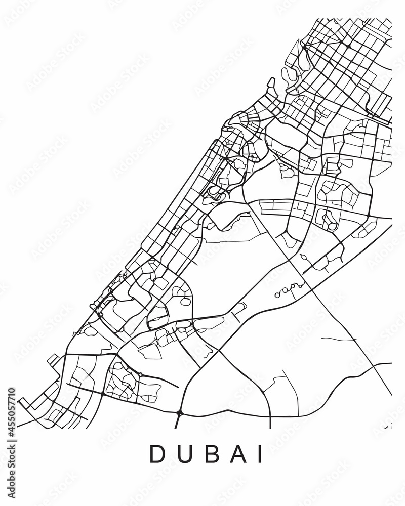 Black - white map of Dubai UAE. Urban city map of Dubai, United Arab ...