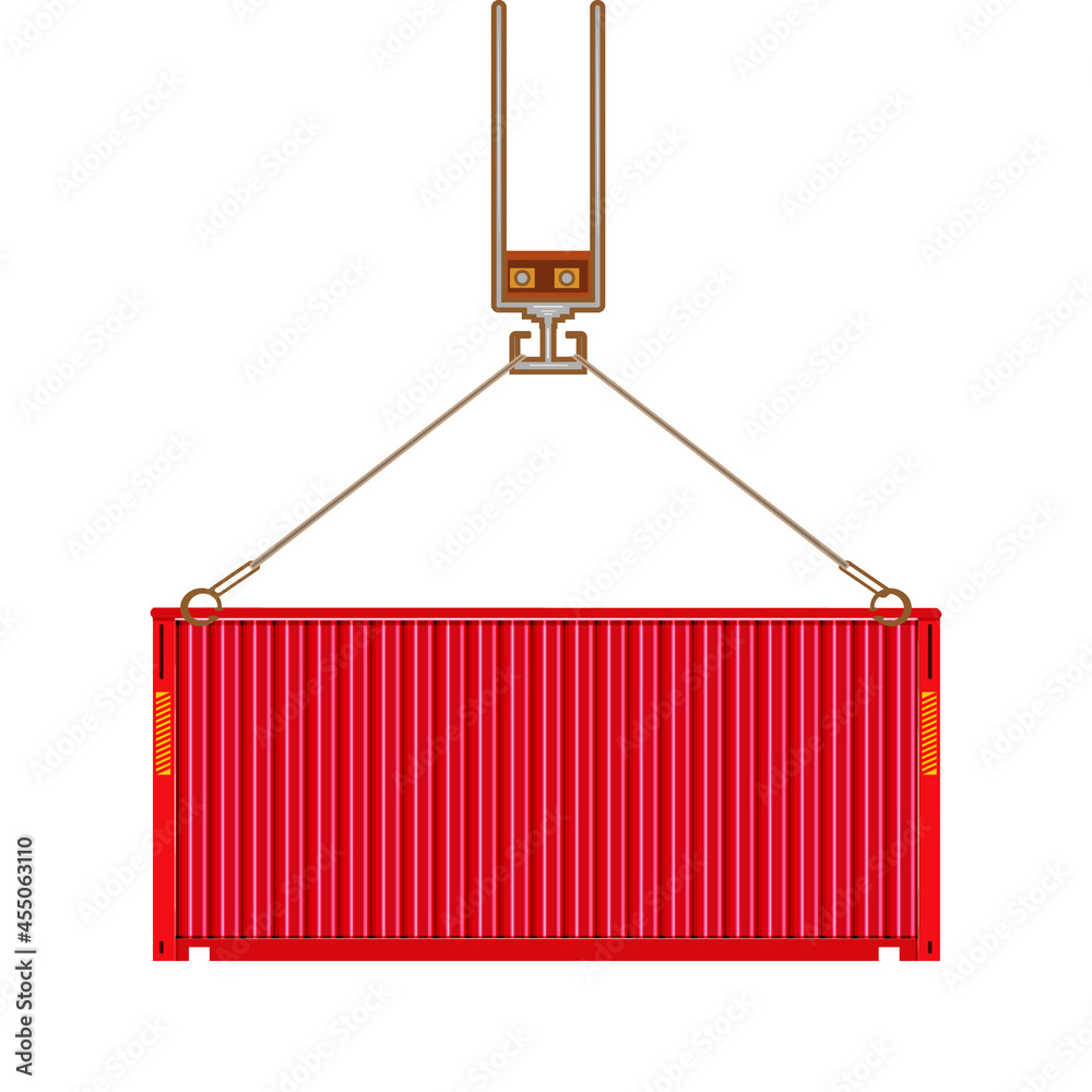 Freight shipping container hanging on crane hook isolated on white ...