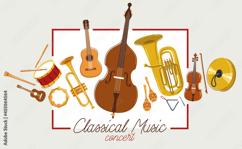 Classical music instruments poster vector flat style illustration ...