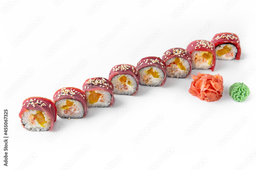 Sushi roll with tuna, crab meat and mango. Japanese food. Sushi menu ...
