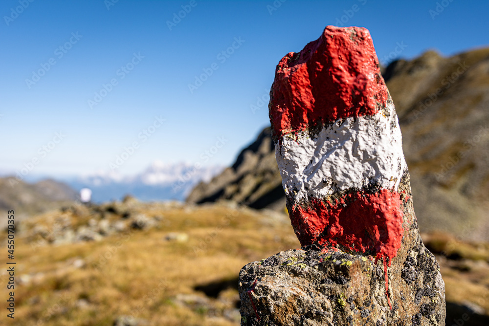 Alpine hiking trail in Styria, Austria. Marked with painted Austrian ...