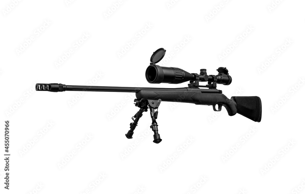 Foto de A modern bolt-action sniper rifle with a telescopic sight sits ...