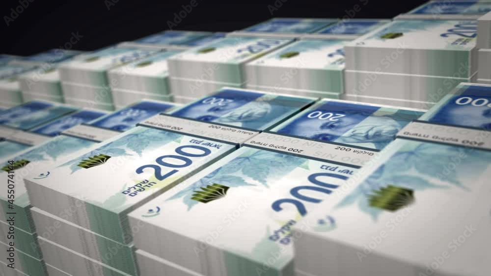 Israeli shekel banknote bundle growth up loop. 200 NIS money stacks ...