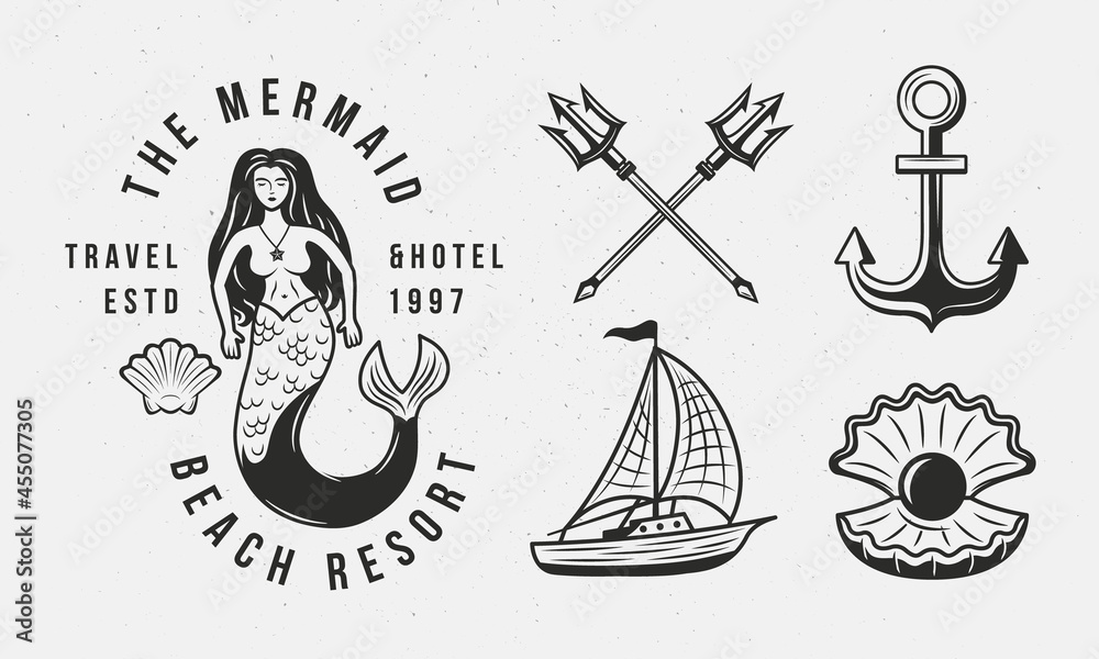Vintage Mermaid, Siren logo with Boat, Anchor, Pearl Shell and Tridents ...