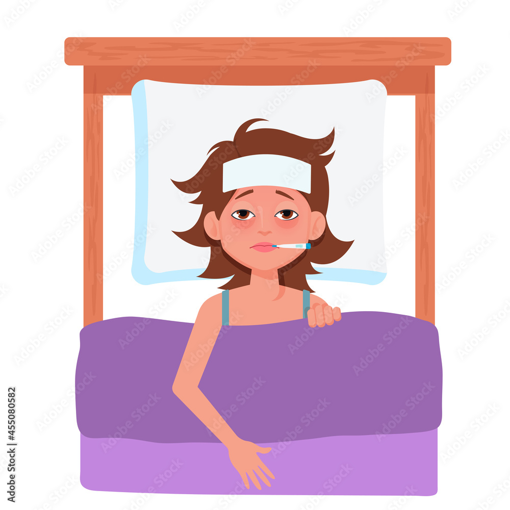 Sick girl lying in bed with thermometer in mouth. Top view. Vector ...