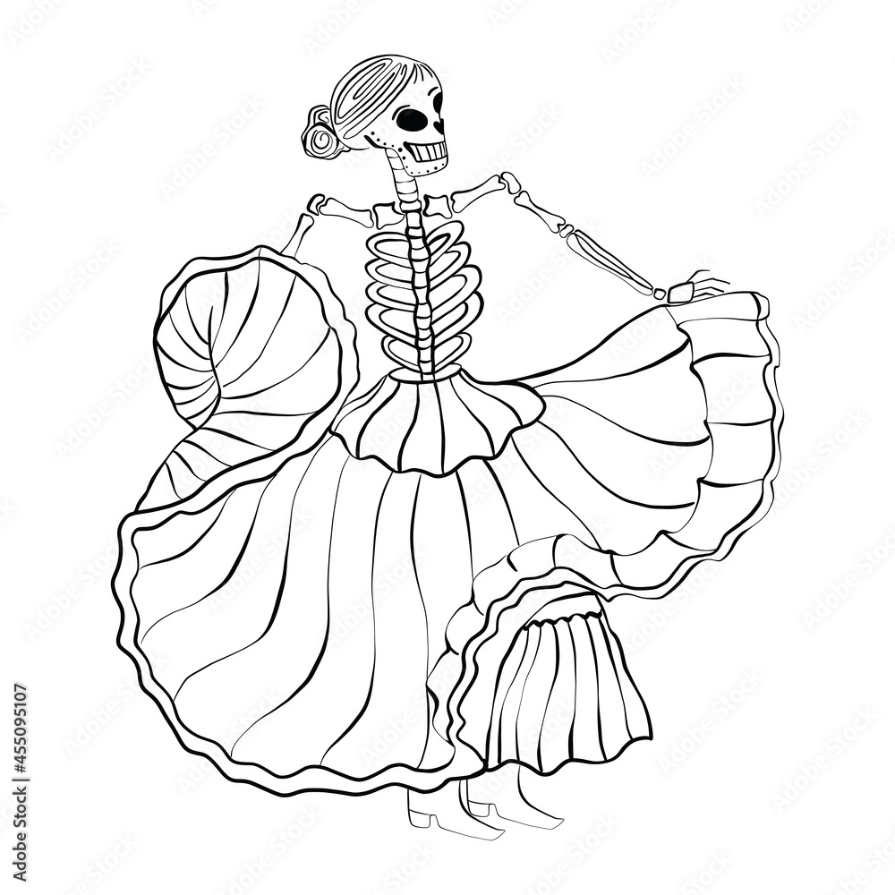 A contour drawing of the skeleton of a Mexican woman in a dress ...