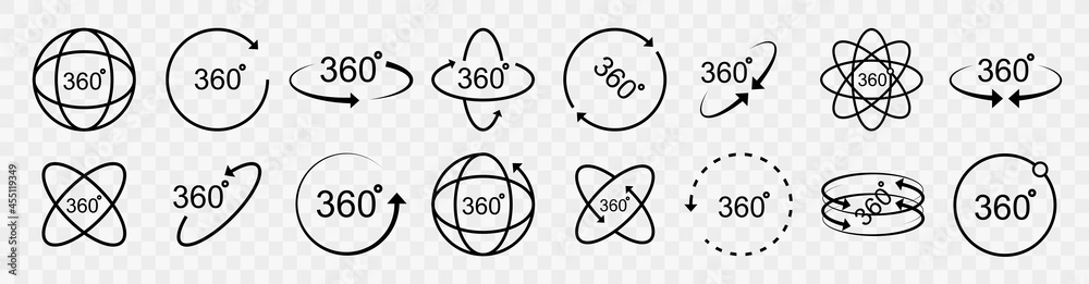 360 degrees vector icon set. Round signs with arrows rotation to 360 ...