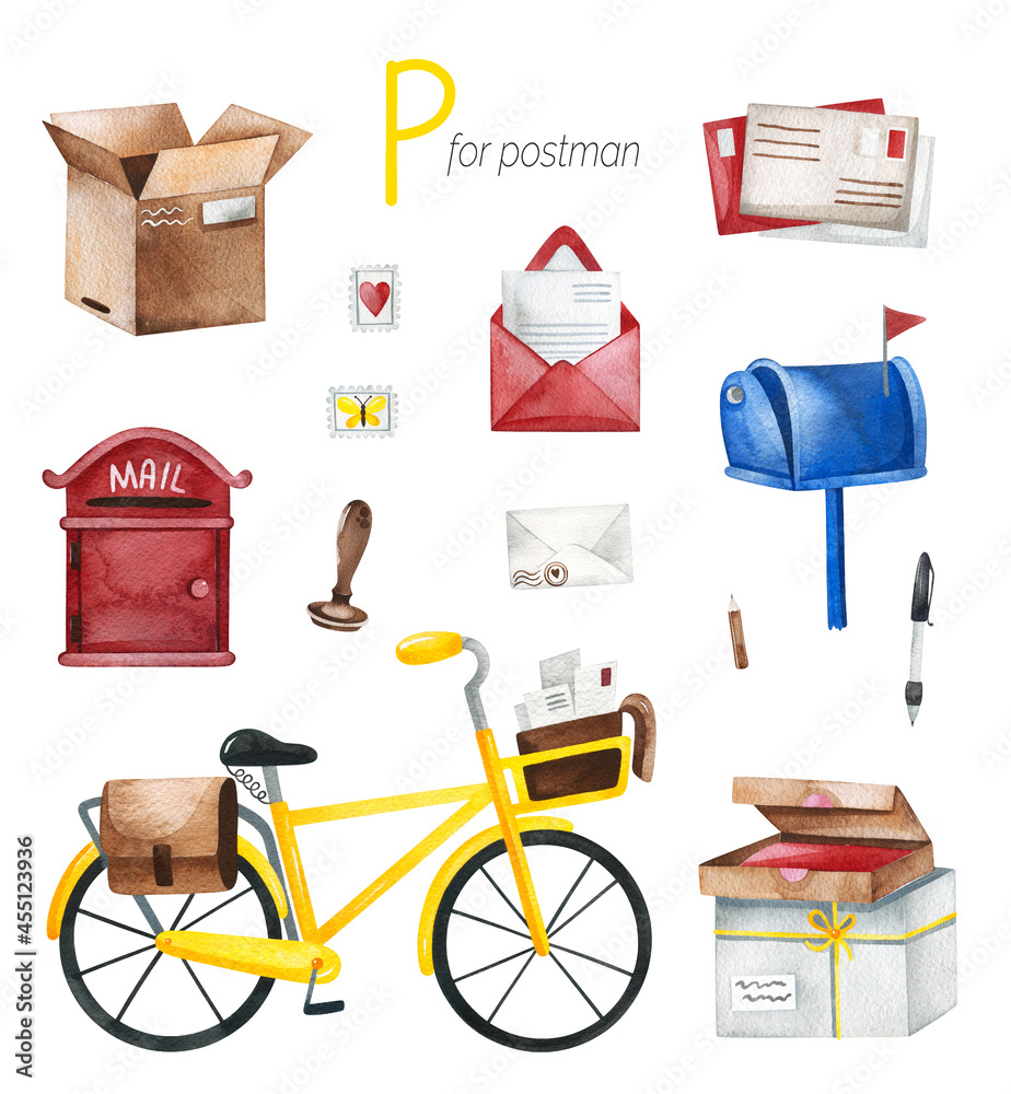 Watercolor Alphabet Profession set.Learn letters with funny professions ...