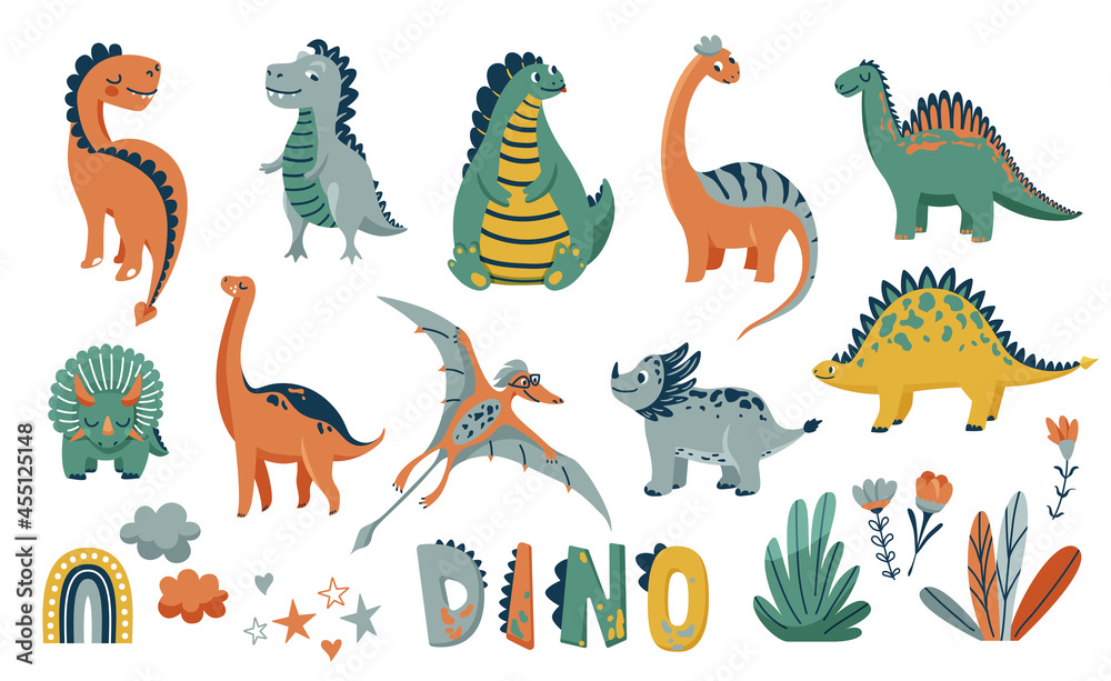 Dino cute vector illustration set with animal baby dinosaurs and design ...